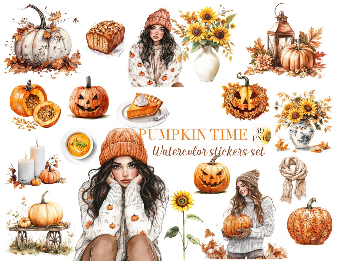 Pumpkin Clipart Stickers: 49 PNG Fall Harvest Graphics (digital ...
