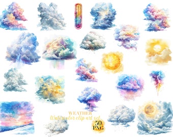 Cute Weather Clipart, Cloud Sun and Moon Clipart, Sunny, Cloudy, Rainy ...