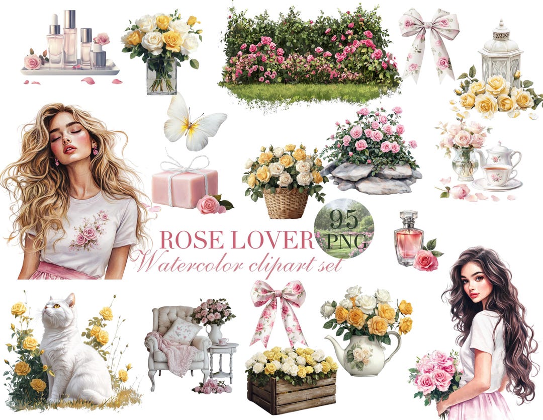 Rose Lover Digital Stickers: Pink & Yellow Roses, Scrapbooking (95 PNG ...