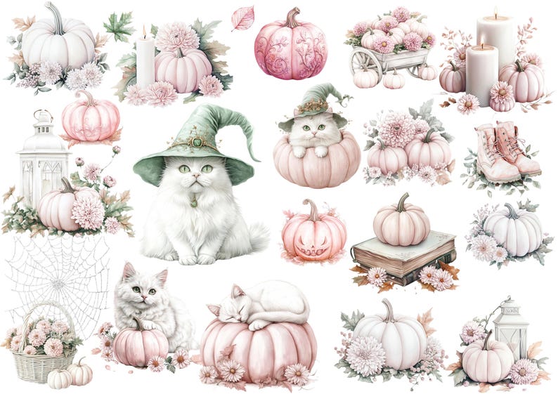 Pink Pumpkin Watercolor Clipart Set: Halloween PNG Stickers (digital ...