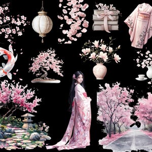 Cherry Blossom Watercolor Clipart: Japanese Style PNG Stickers (43 ...