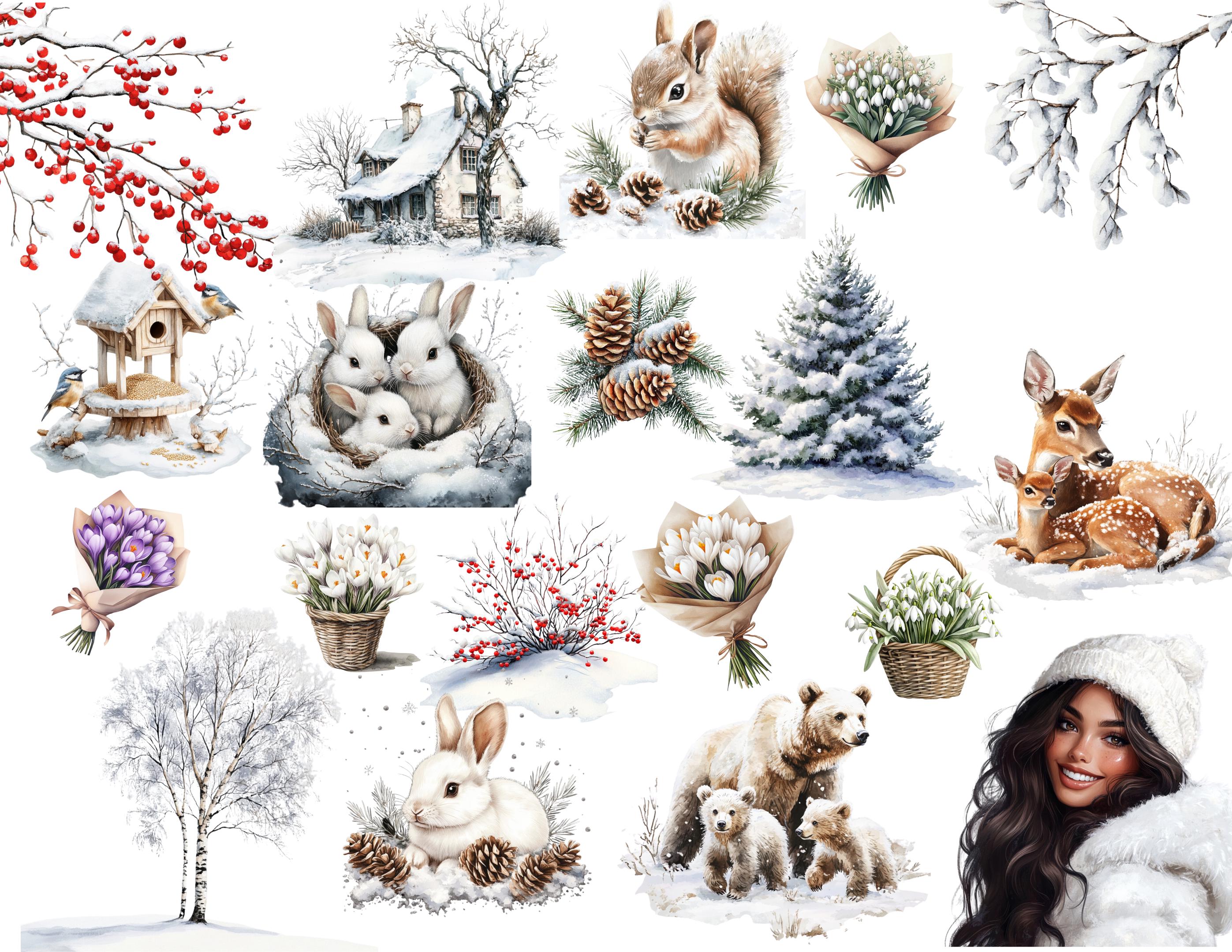 Winter Watercolor Clipart Set: Snowy Trees, Animals (PNG) - Etsy