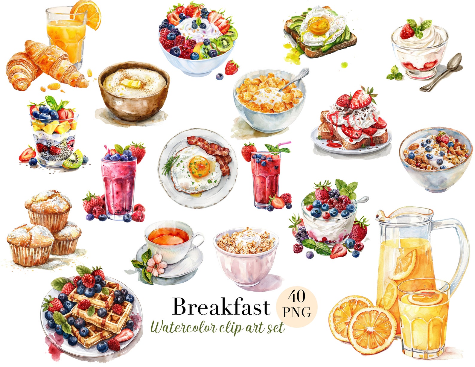 Watercolor Breakfast Clipart - Etsy