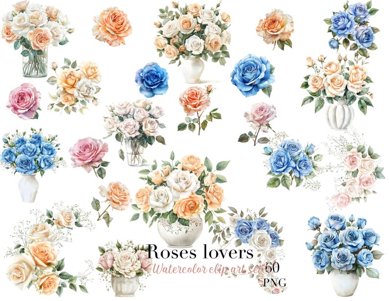 Roses Watercolor Clipart Set - Etsy