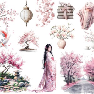 Cherry Blossom Watercolor Clipart: Japanese Style PNG Stickers (43 ...
