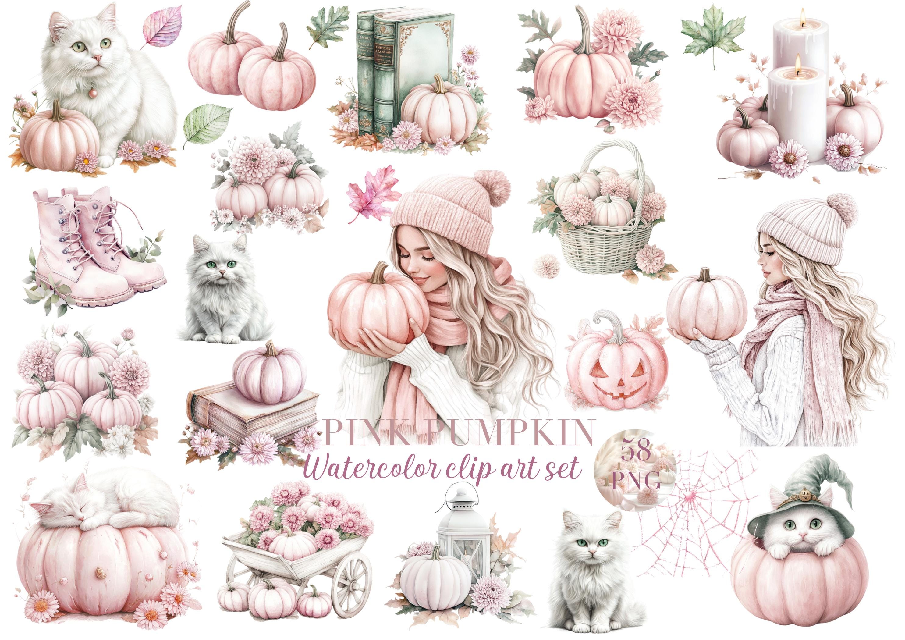 Pink Pumpkin Watercolor Clipart Set: Halloween PNG Stickers (digital ...