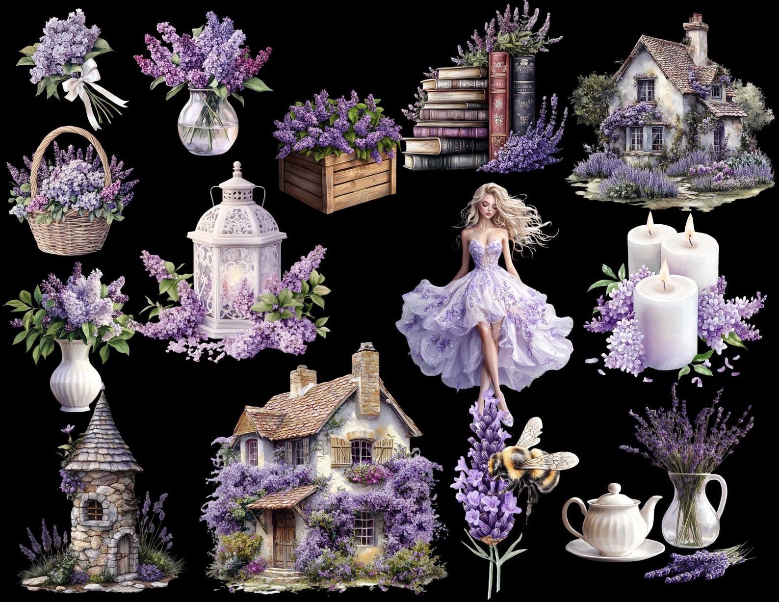 Lilac & Lavender Digital Stickers: Floral Clipart Set (PNG) - Etsy