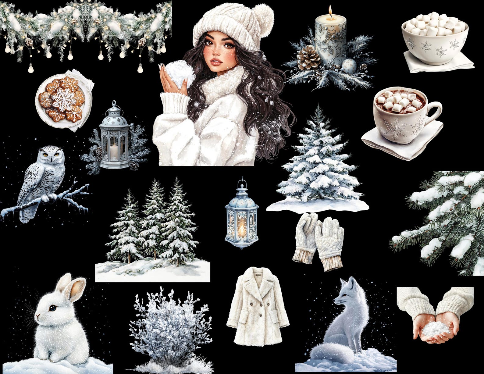 Winter Watercolor Clipart Stickers: Snowflakes, Animals, Spruce (PNG ...