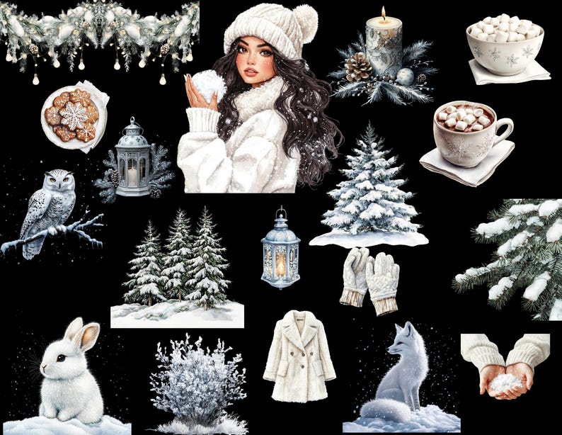 Winter Watercolor Clipart Stickers: Snowflakes, Animals, Spruce (PNG ...