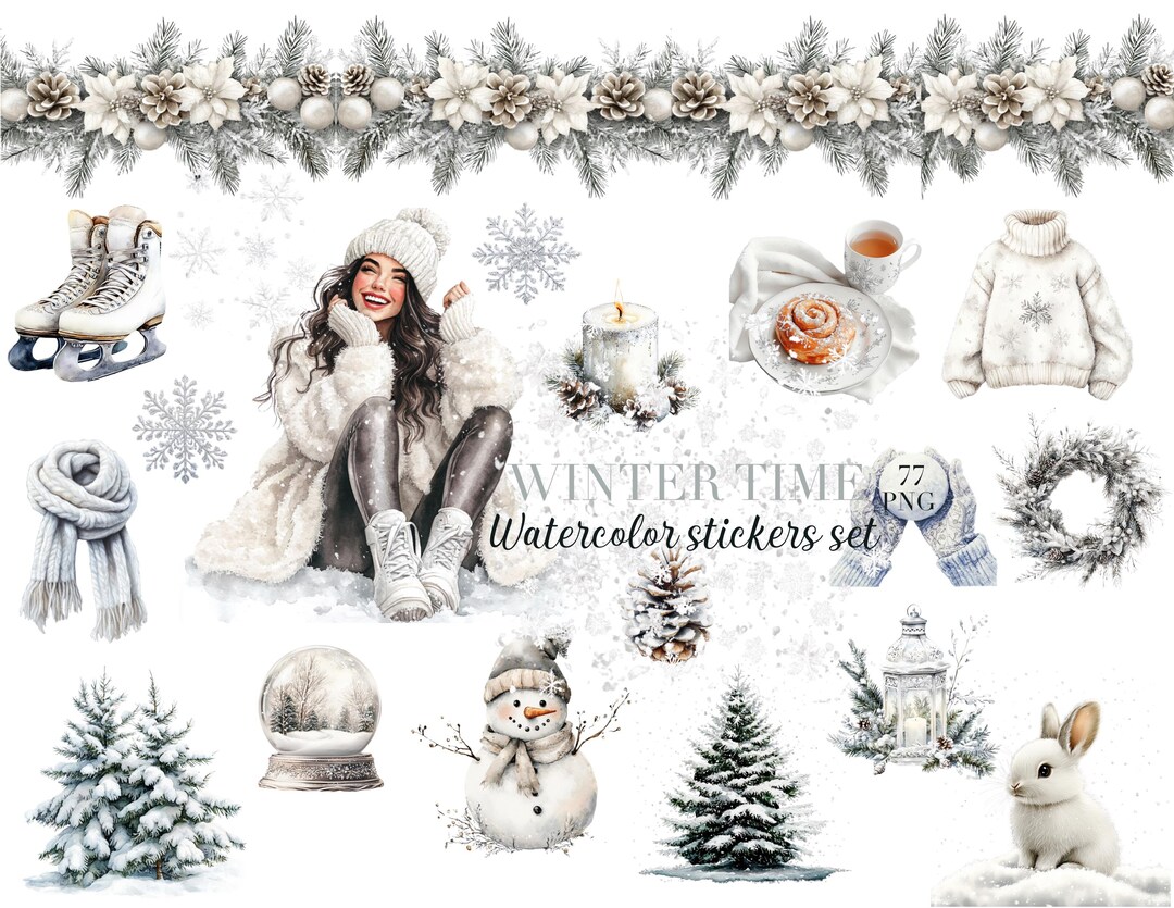 Winter Watercolor Clipart Stickers: Snowflakes, Animals, Spruce (PNG ...