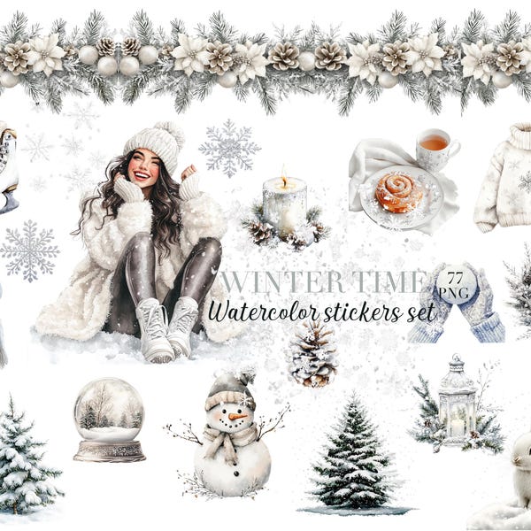 Winter Time,winter Watercolor Clip Art Stickers,first Snow,snowflakes ...
