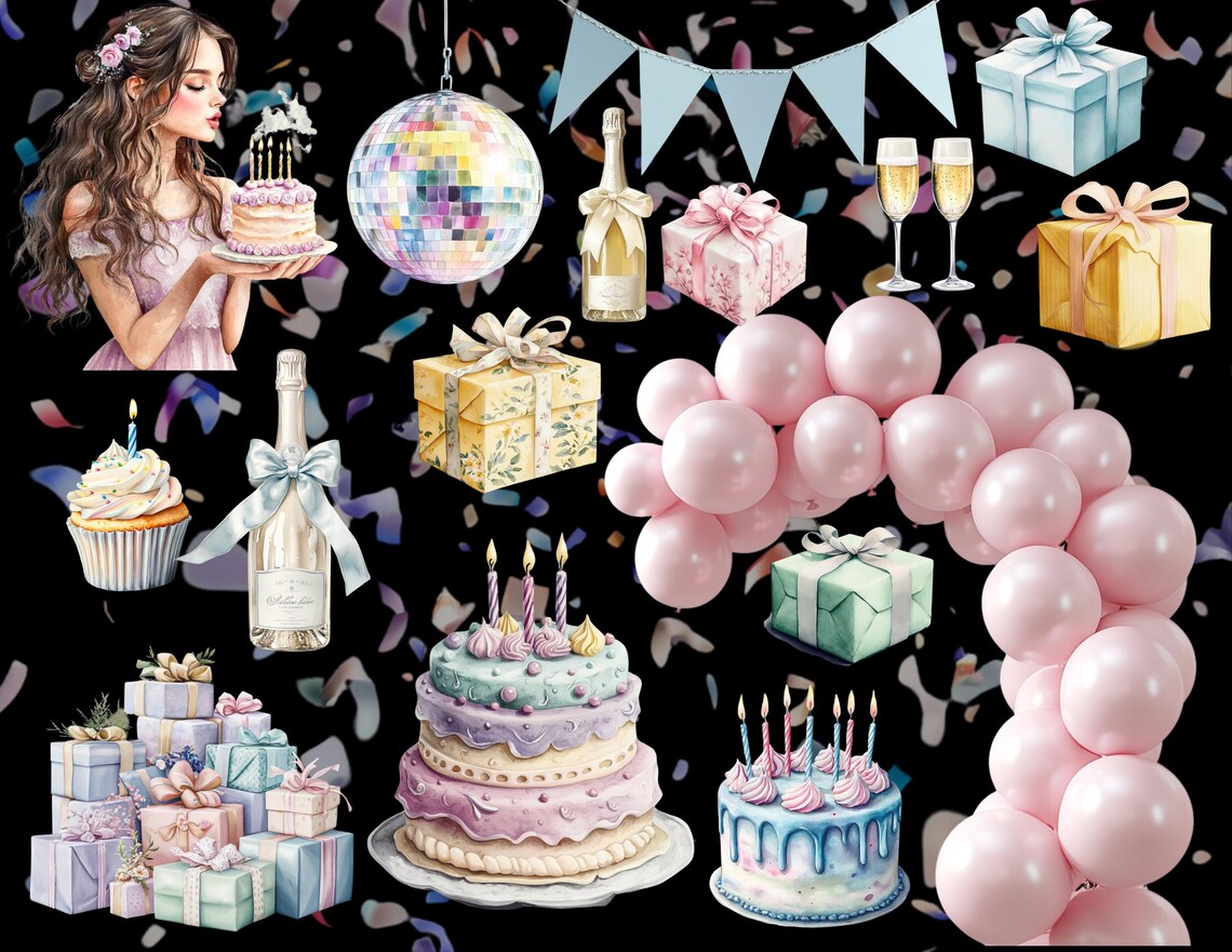 Birthday Party,watercolor Set,png,birthday Stickers,pastel Colors,cake ...