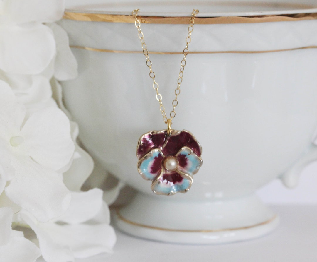 Pansy Necklace, Violet Flower Pendant, Botanical Jewelry, Dainty Floral ...