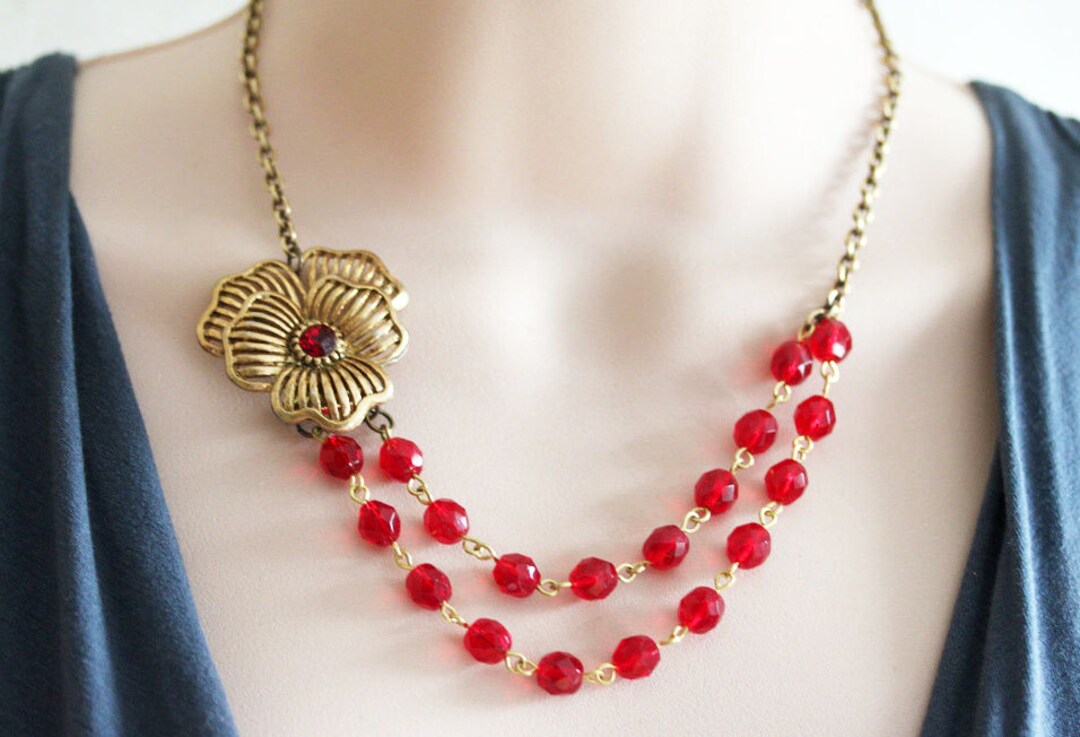 Red Flower Necklace Red Double Strand Crystal Necklace Red Beaded ...