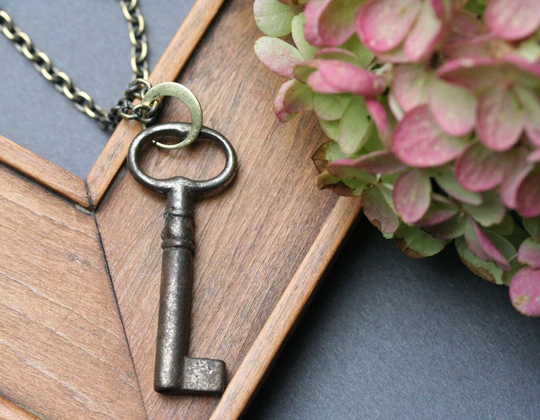 Vintage Skeleton Key Necklace: Upcycled Key Pendant, Oxidized Brass ...