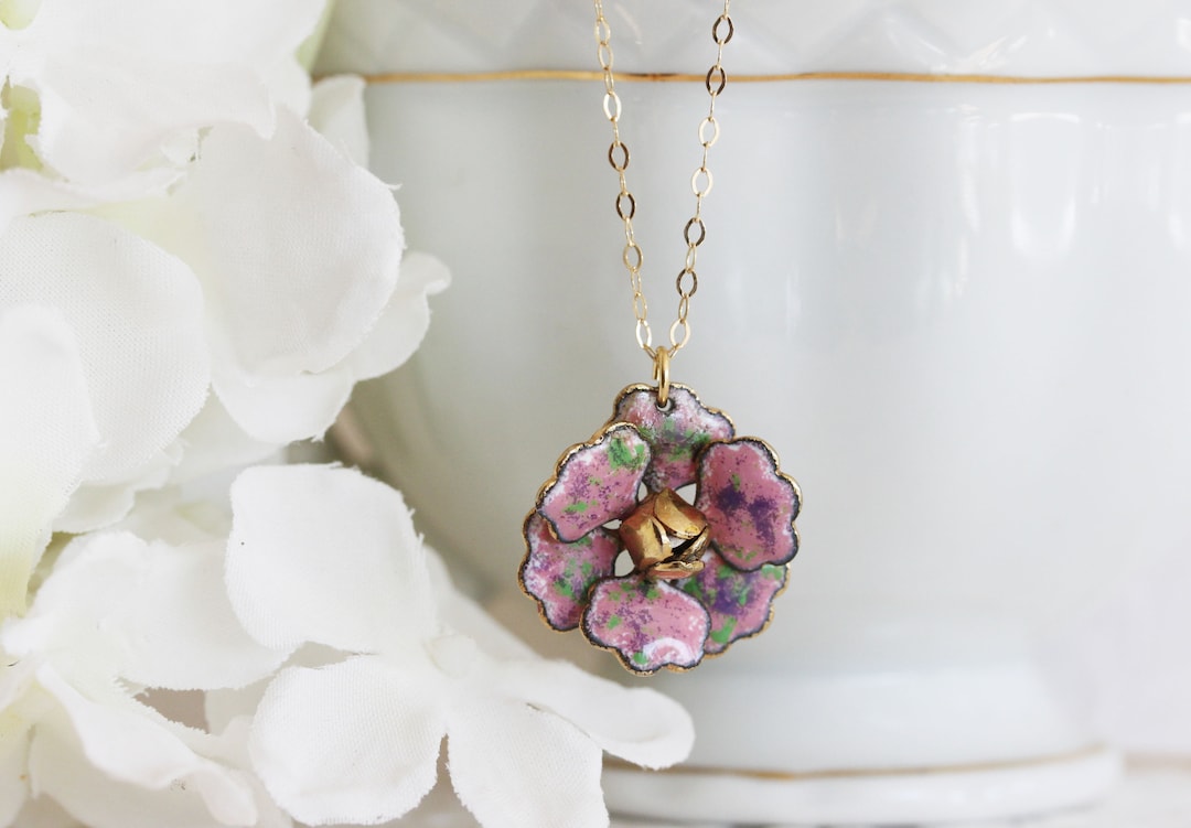 Enamel Flower Necklace Pink Pansy Necklace Pansy Pendant Small Flower ...