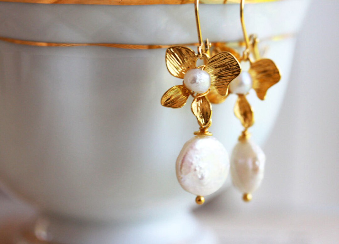 Gold Flower Earrings White Coin Pearl Earrings Small Flower Earrings ...