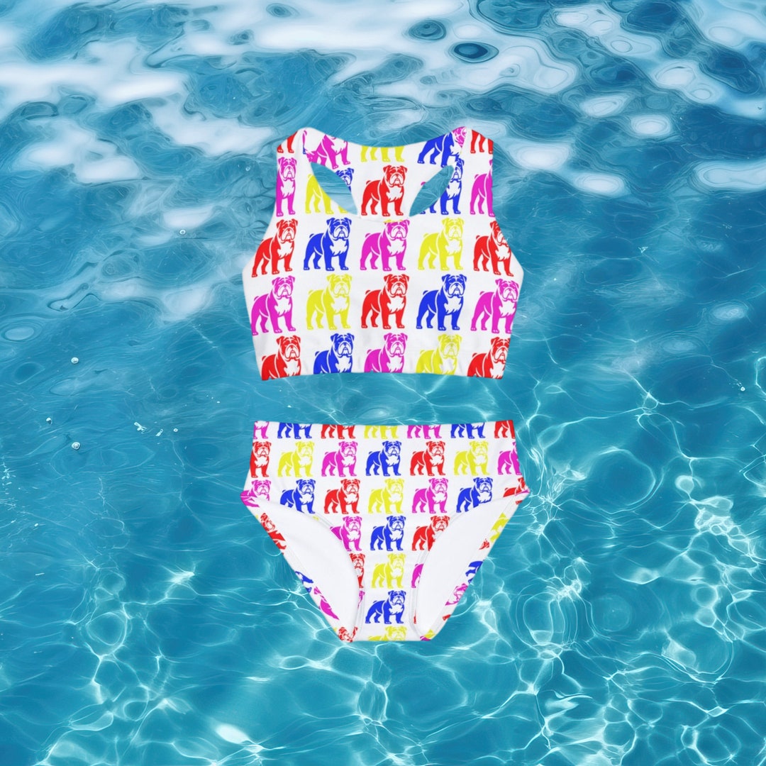 White Girls Two Piece Swimsuit With Multi-color Bulldog Pattern Cute ...