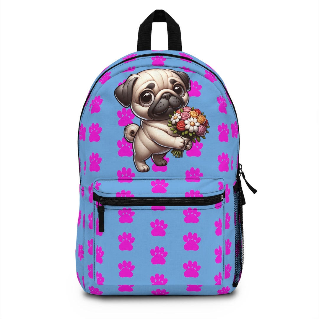 Light Blue Backpack With Pug & Paw Prints Cute Dog Paw Print Backpack ...