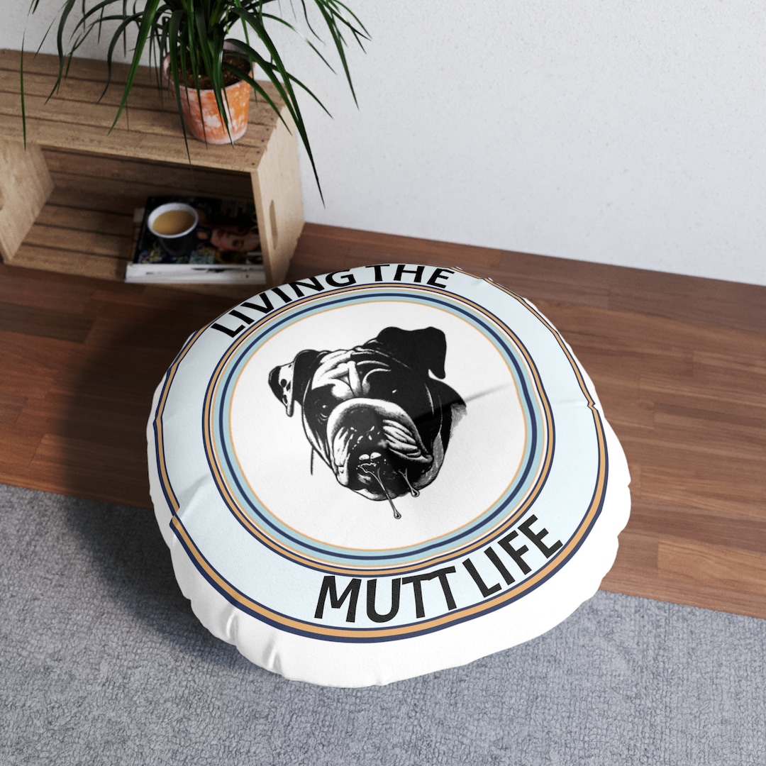 Bulldog Logo Round Tufted Floor Pillow, Living the Mutt Life Cozy Dog Lover's Decor, Cute ...