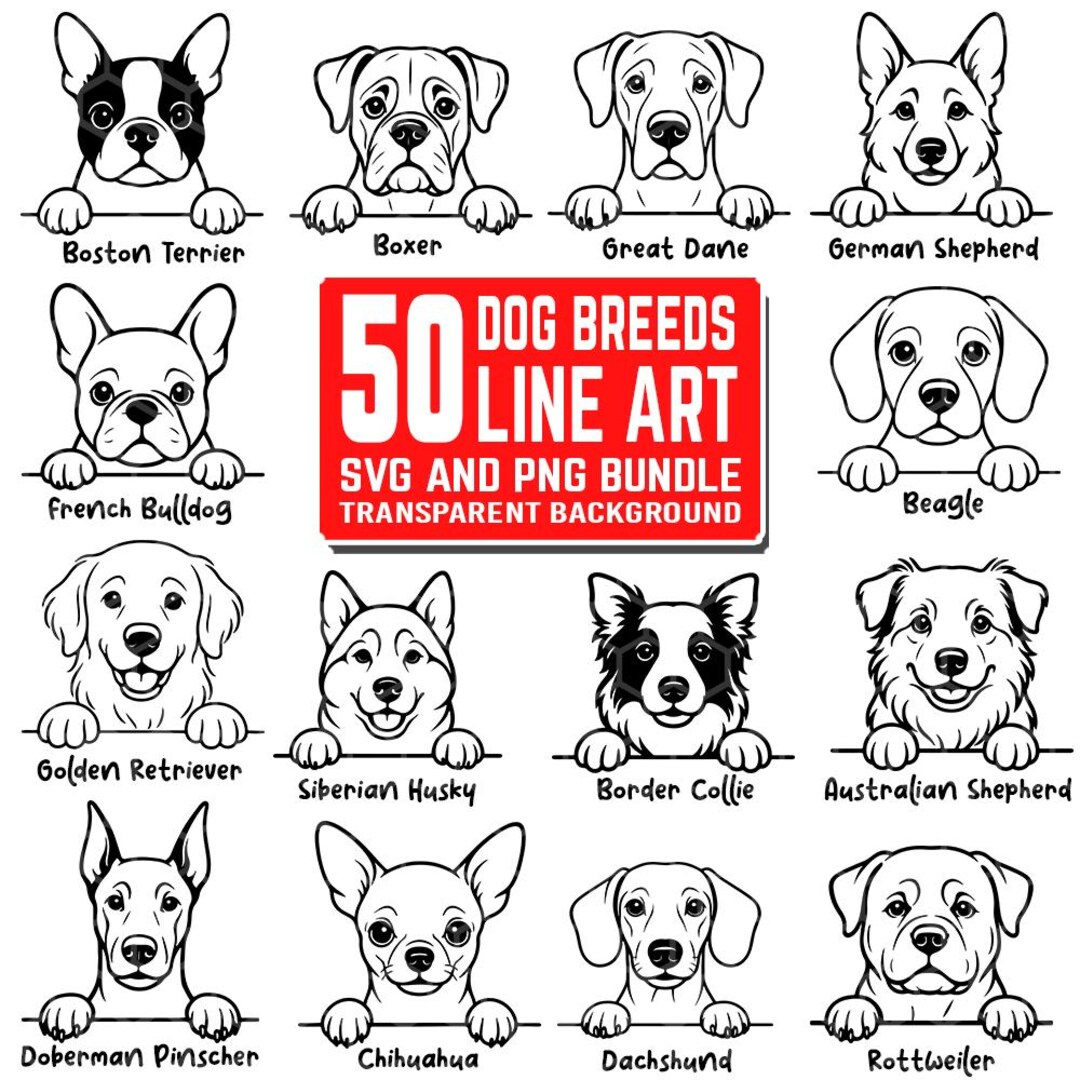 50 Peeking Dog Breeds SVG and PNG Bundle Designs | Dog Breeds ...