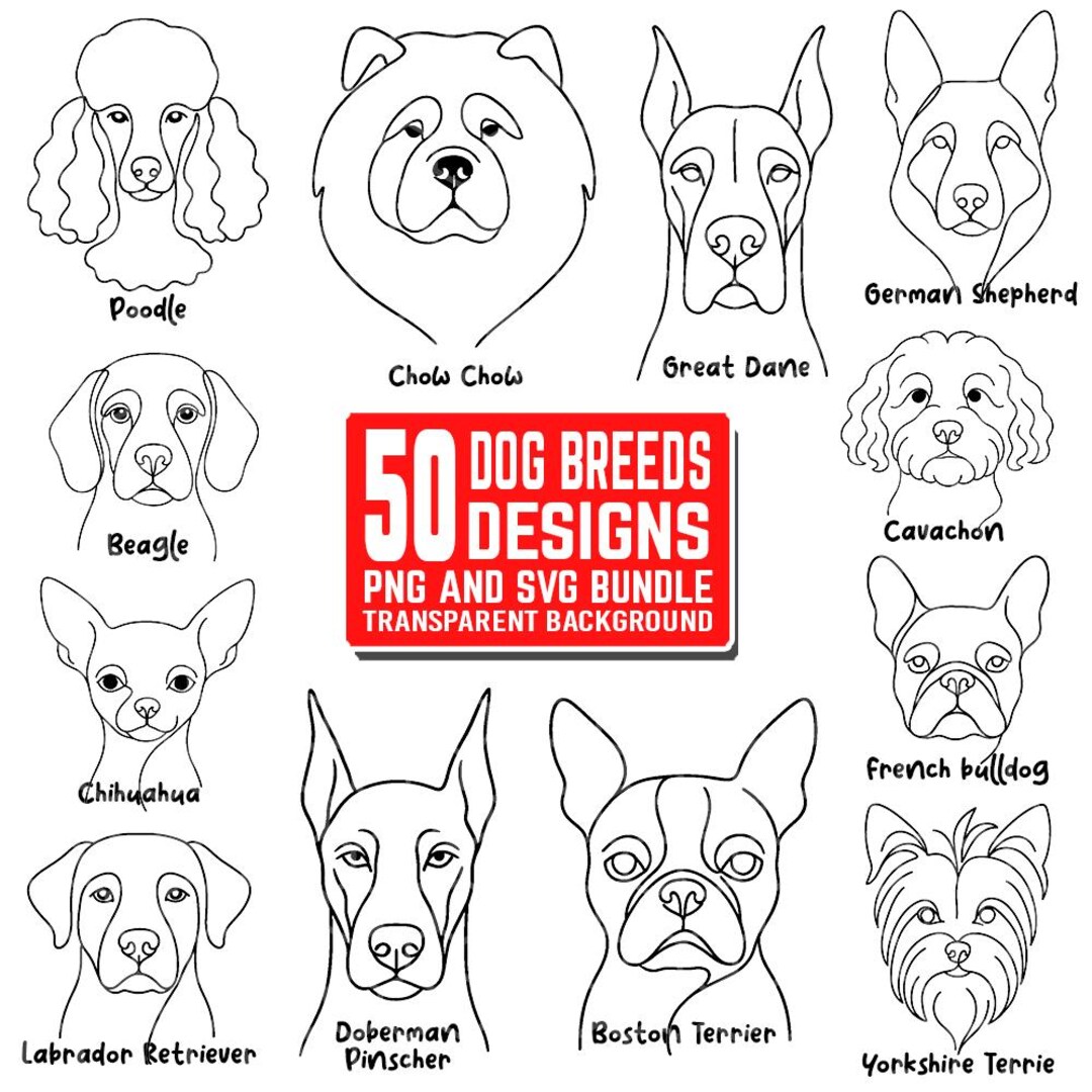 50 Dog Breeds SVG and PNG Bundle Designs | Dog Breeds Line Art and SVG ...