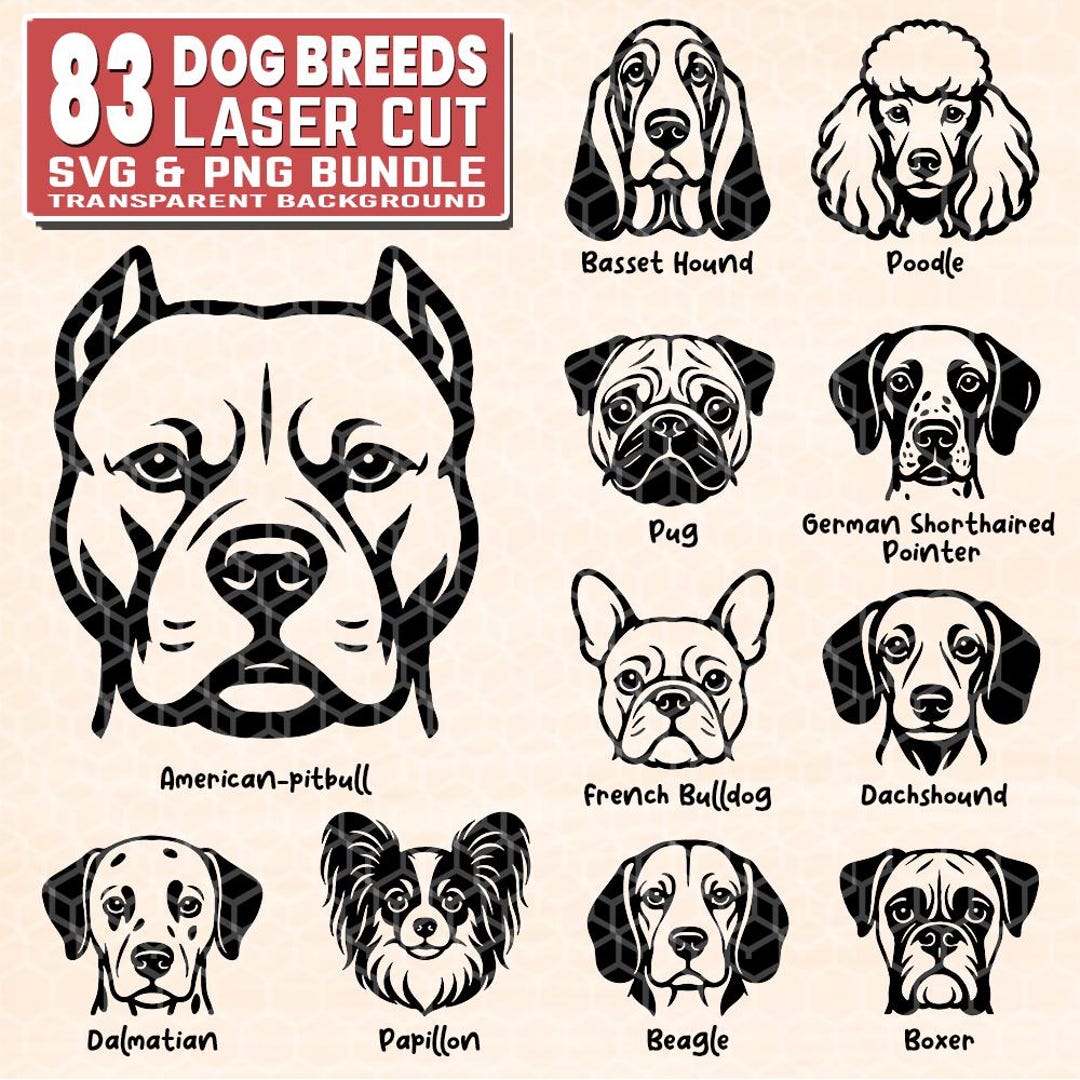 83 Dog Breeds Heads SVG and PNG Bundle Designs | Dog Breeds SVG ...