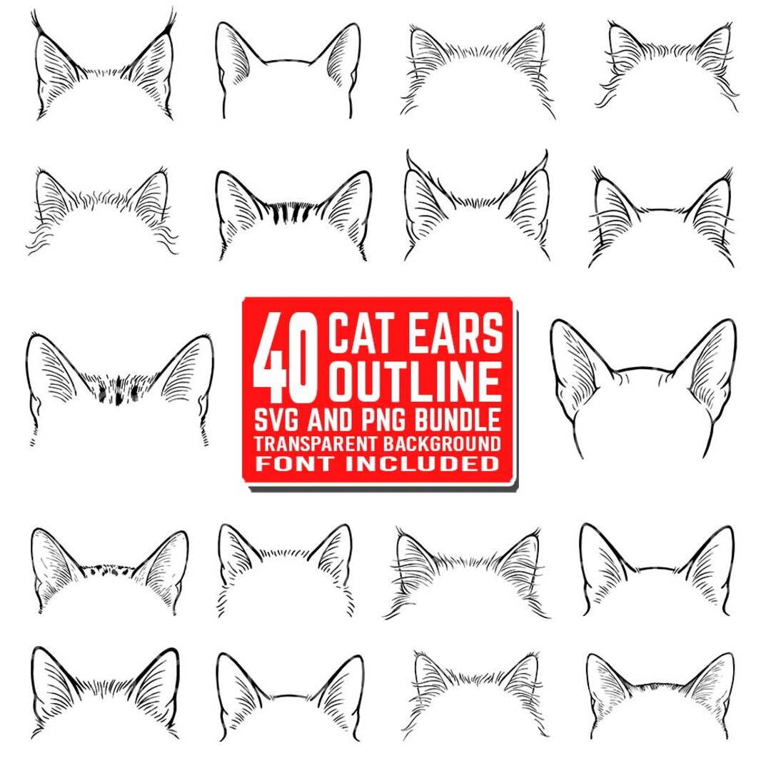 40 Cat Head and Ears Outline SVG and PNG Bundle | Cat Ears Silhouette ...