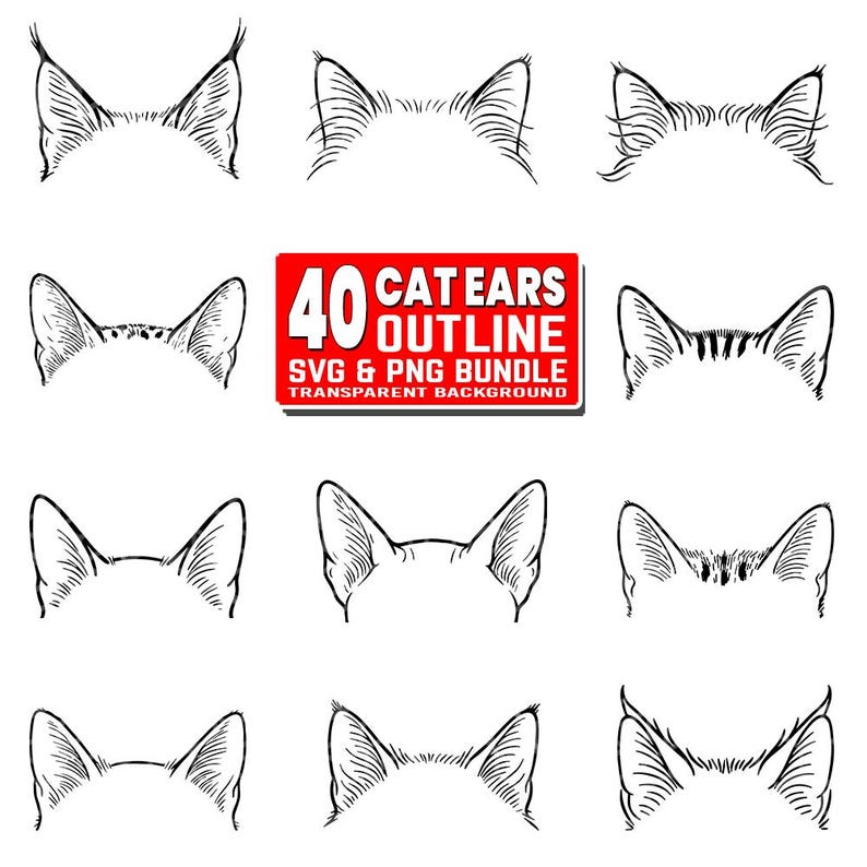 40 Cat Head and Ears Outline SVG and PNG Bundle | Cat Ears Silhouette ...