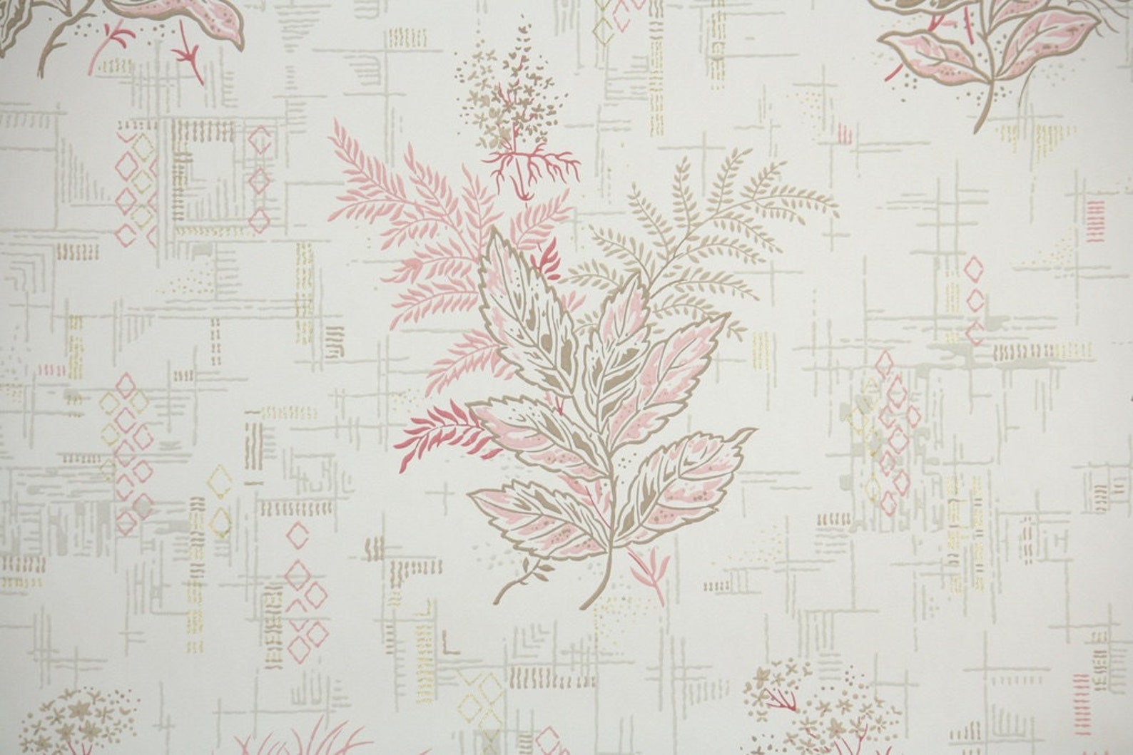 1950s Vintage Wallpaper by the Yard Pink and Brown Leaves on | Etsy