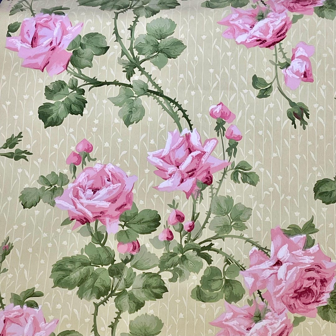 6 Yards - 1900s Antique Wallpaper With Large Pink Roses on Green ...
