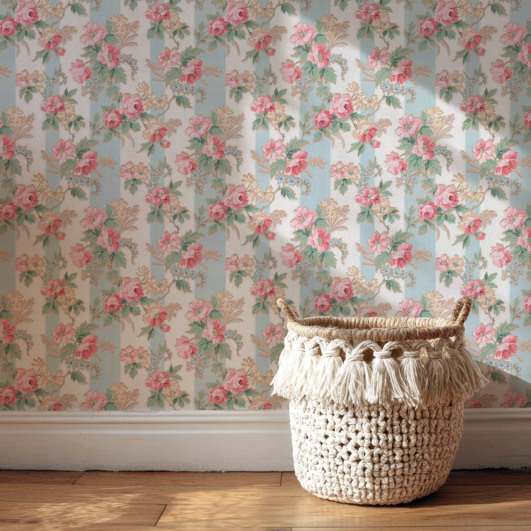 Pink Roses Floral Wallpaper, 1950s Vintage Style, Blue Stripes - Etsy