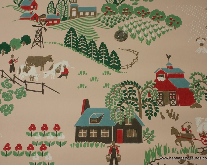 1940's Vintage Wallpaper Pink Background With Farms and Houses - Etsy