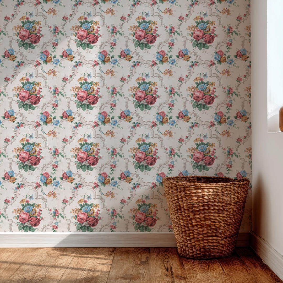 Red Cabbage Rose Floral Wallpaper, 1940s Vintage Reproduction - Etsy