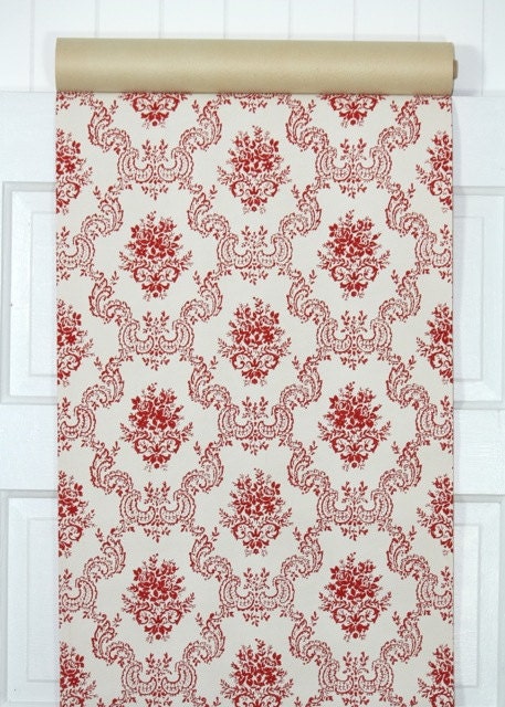 1950s Vintage Wallpaper by the Yard - Red and White Victorian Damask ...