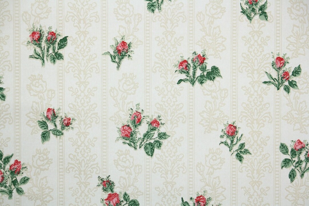 1950s Vintage Wallpaper by the Yard Red Rosebuds and Green Leaves on ...