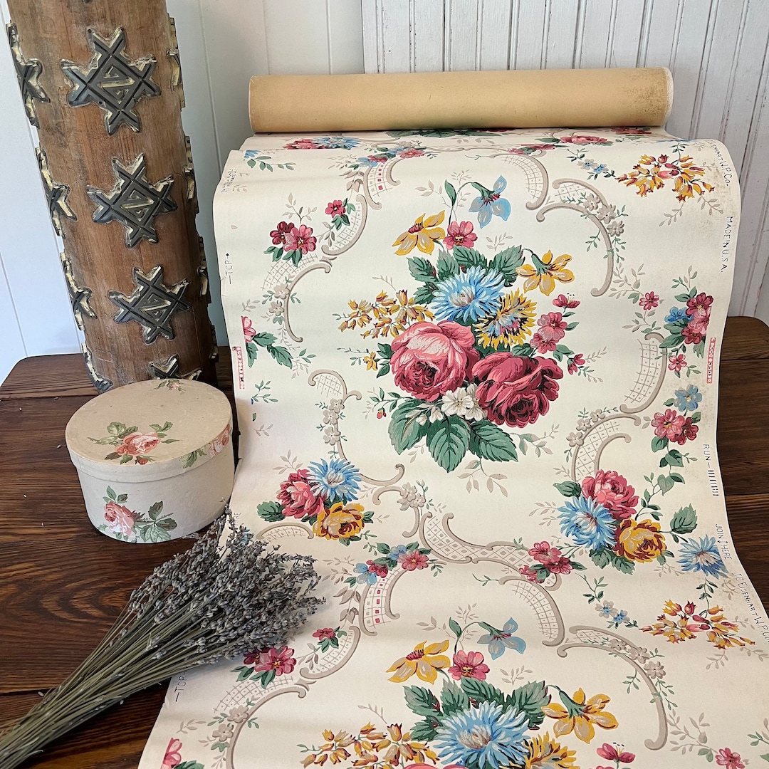 1940s Vintage Wallpaper by the Yard - Floral Cabbage Rose Wallpaper ...