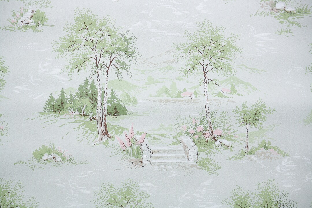 1950s Vintage Wallpaper by the Yard Scenic Wallpaper Pretty Green and ...