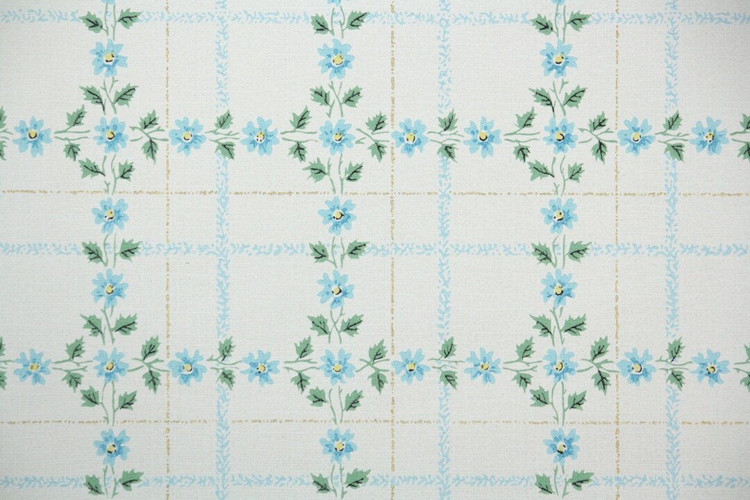 1950s Vintage Wallpaper by the Yard - Blue Flower Plaid on White - Etsy