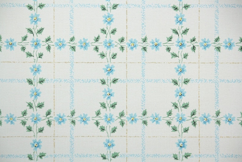 1950s Vintage Wallpaper by the Yard Blue Flower Plaid on - Etsy