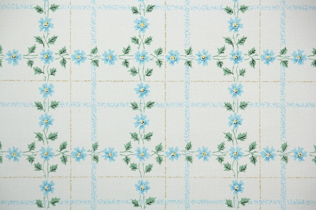 1950s Vintage Wallpaper by the Yard Blue Flower Plaid on - Etsy