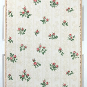 1950s Vintage Wallpaper by the Yard Red Rosebuds and Green Leaves on ...