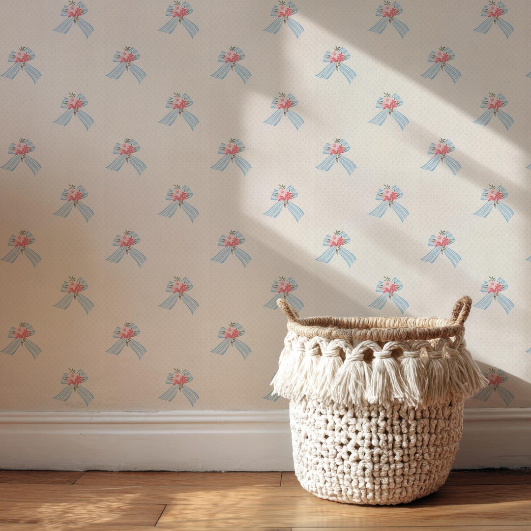 1940s Floral Wallpaper, Pink Flowers, Blue Bows, Vintage Reproduction ...
