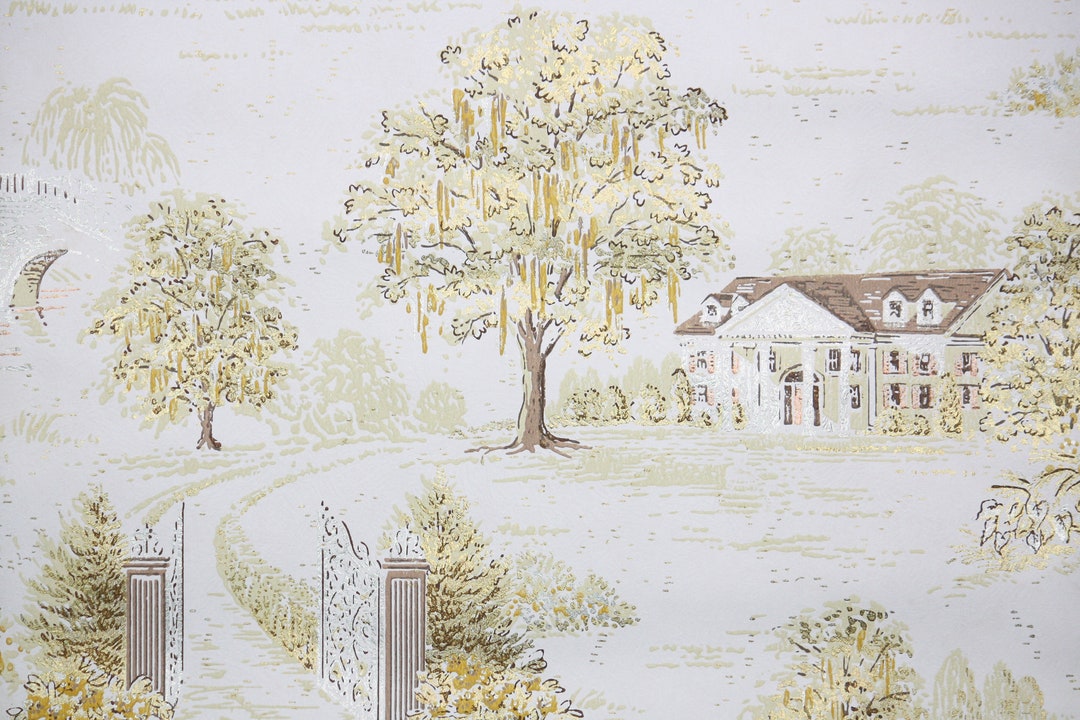 1950s Vintage Wallpaper by the Yard Scenic Wallpaper With Metallic Gold ...