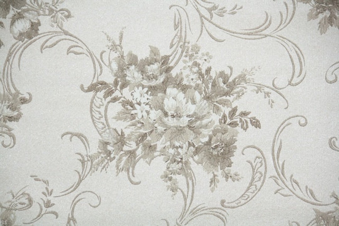 1950s Vintage Wallpaper by the Yard - Gray and Ivory Floral Wallpaper ...