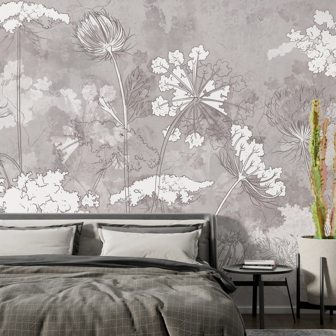 Neutral Floral Wallpaper, Minimalist Wall Mural, Peel and Stick, Self ...