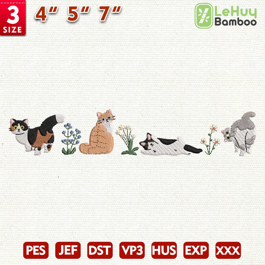 Floral Cat Embroidery Design, Cute Cat Embroidery Design, Animal ...