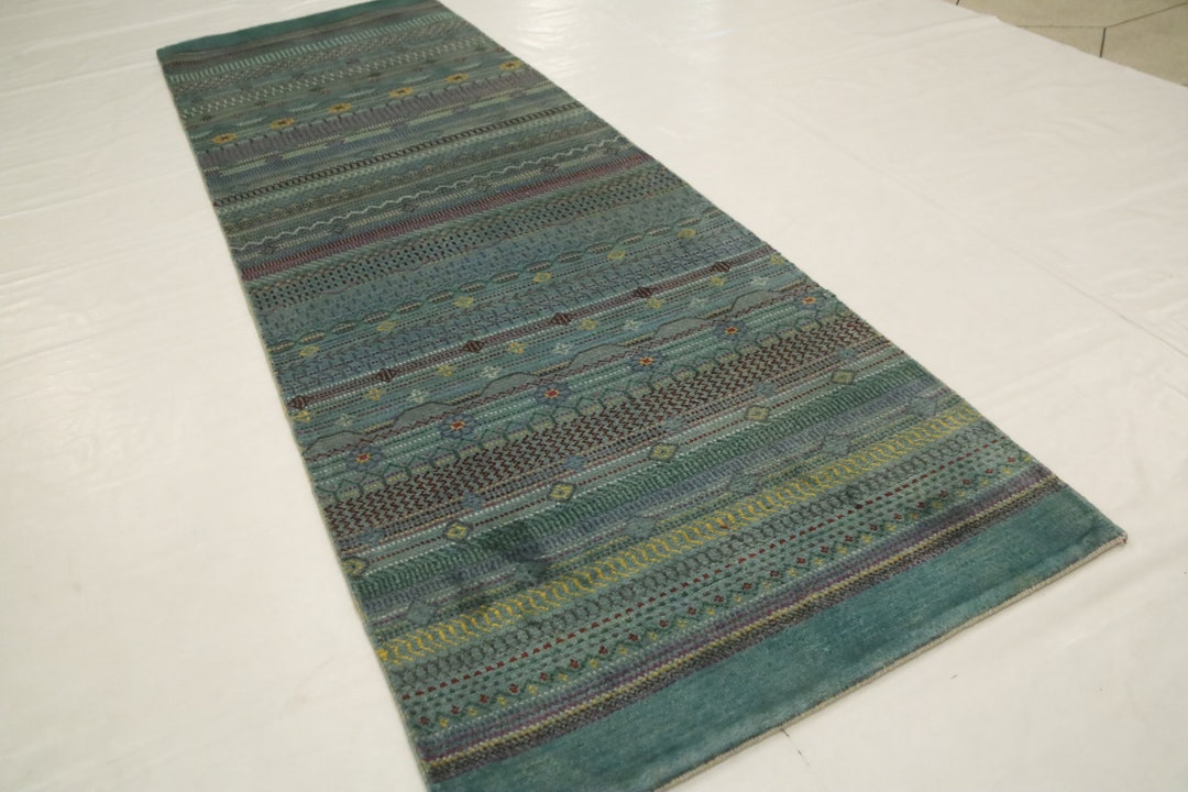 Light Green 8 Ft Gabbeh Runner Rug - Afghan Hand Made Tribal Natural ...
