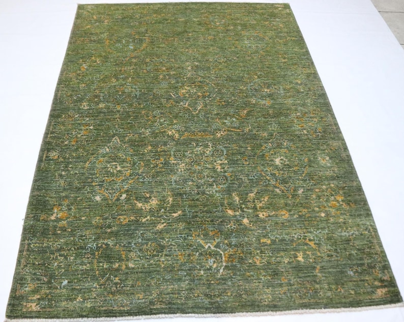 6x8 Abstract Area Rug - Olive Green Afghan Handmade Faded Floral Silk ...