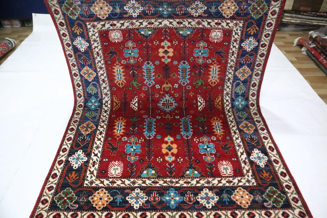 5x7 Feet Chobi Area Rug, Red Blue Persian Style Afghan Hand Knotted ...